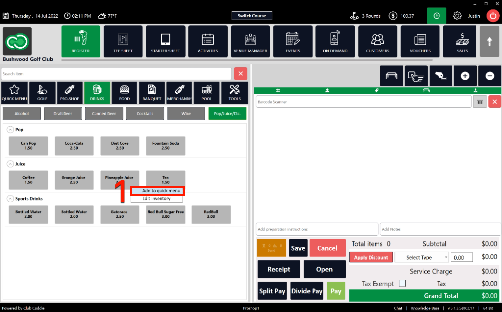 Register : Adding or Removing Items from Quick Menu