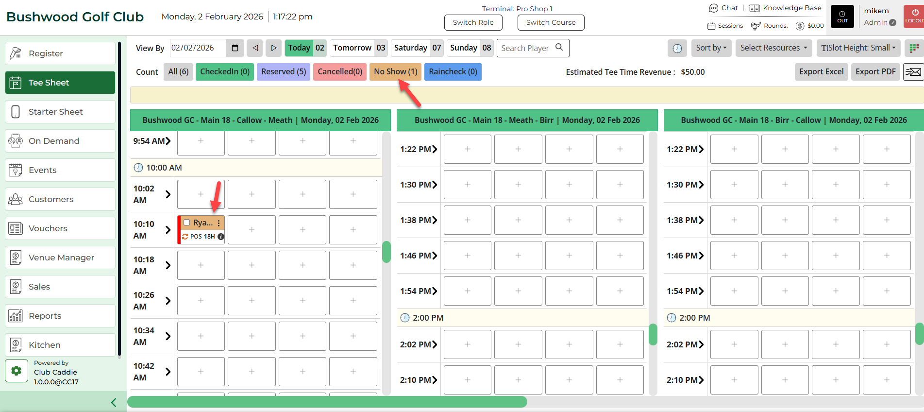 Browser - Tee Sheet: No Show